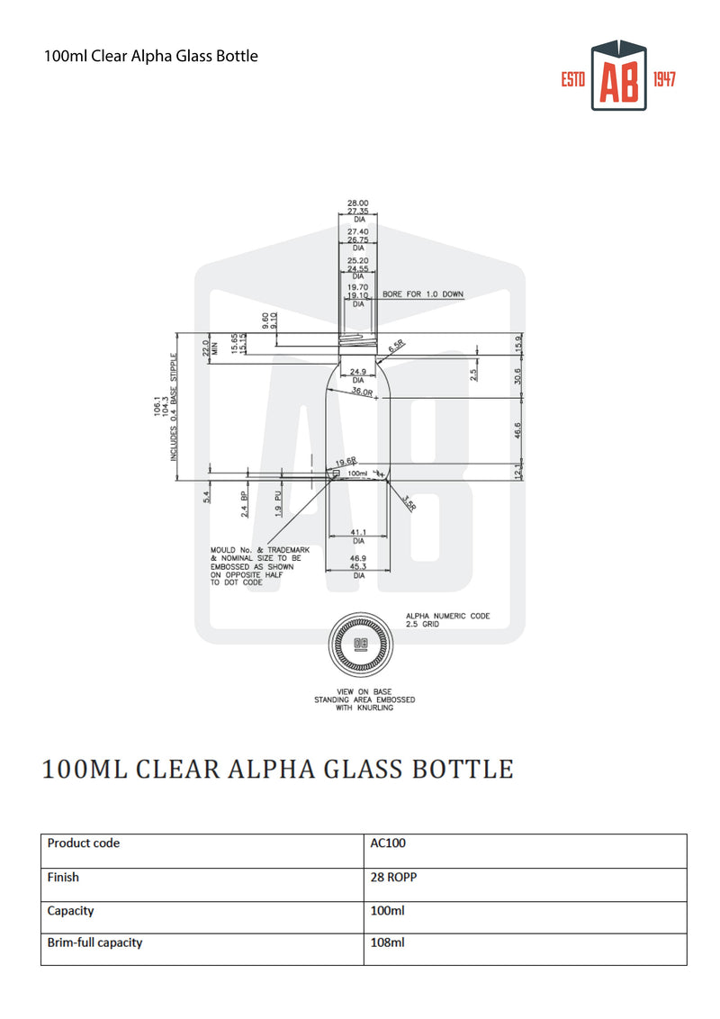 100ml Alpha Clear Glass Bottle | Glass Bottles & Jars – AB Handling ...
